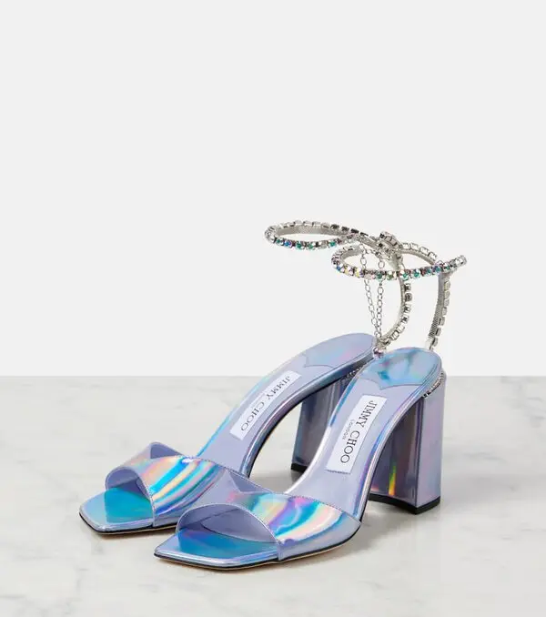 JIMMY CHOO Saeda 85 Embellished Metallic Leather Sandals - Purple