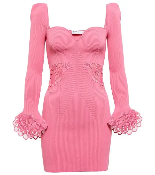 SELF-PORTRAIT Lace-trimmed Rib-knit Minidress