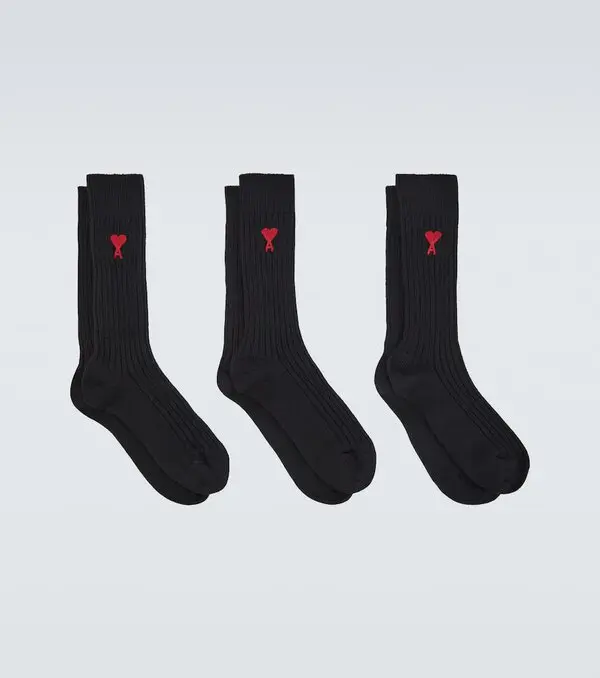AMI Paris Set Of 3 Cotton-blend Crew Socks - Black