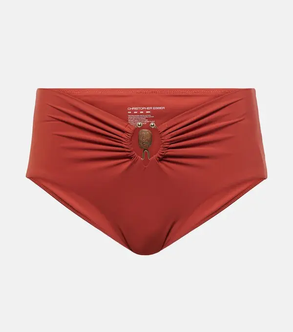Christopher Esber Embellished Ruched High-rise Bikini Bottom - Orange