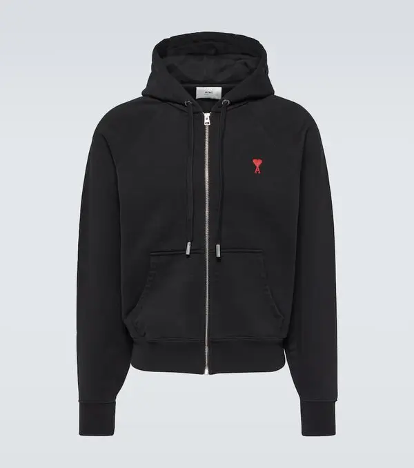 AMI Paris De Cour Cotton Jersey Zip-up Hoodie - Black