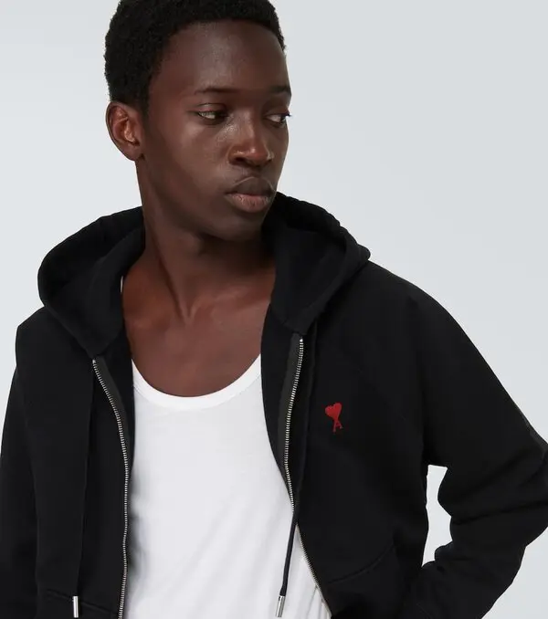AMI Paris De Cour Cotton Jersey Zip-up Hoodie - Black