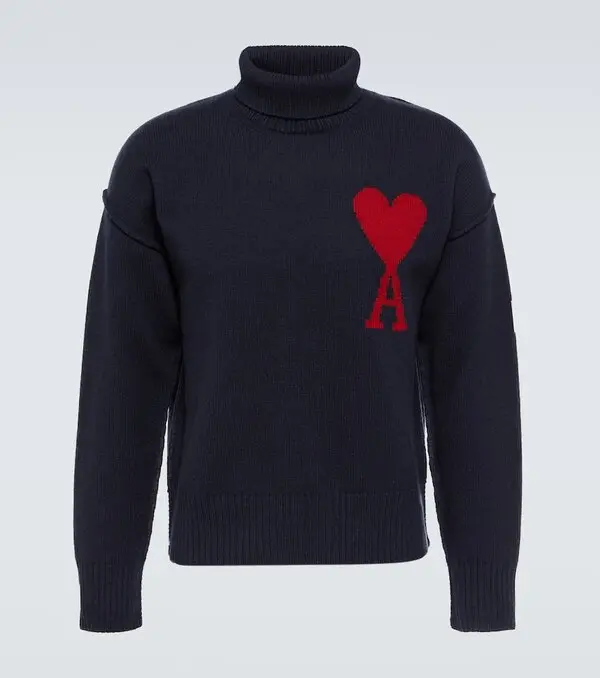 AMI Paris De Coeur Virgin Wool Turtleneck Sweater - Blue