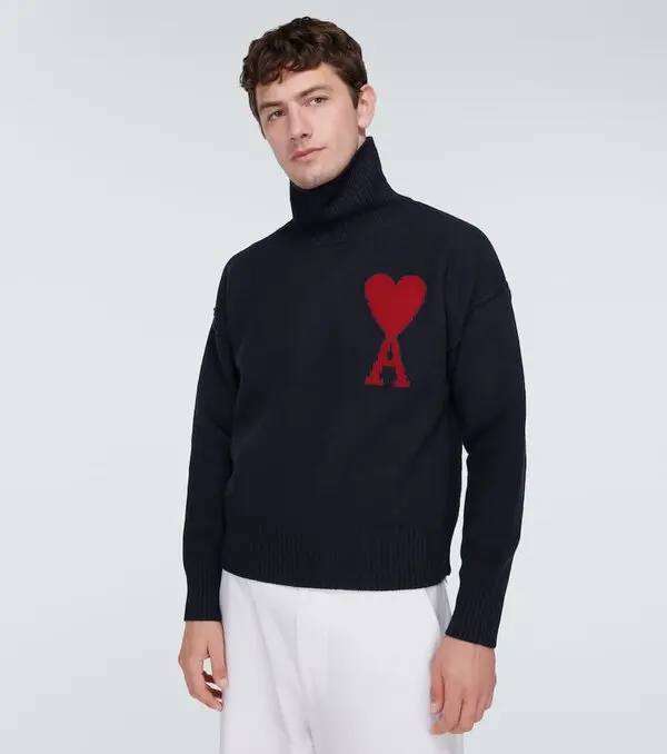AMI Paris De Coeur Virgin Wool Turtleneck Sweater - Blue