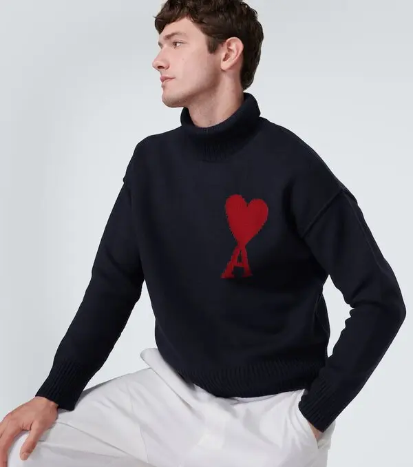 AMI Paris De Coeur Virgin Wool Turtleneck Sweater - Blue