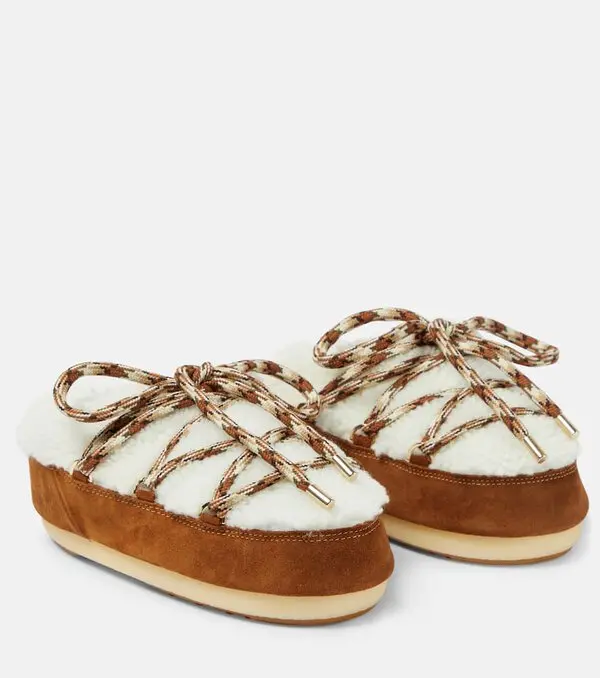 Moon Boot Suede-trimmed Shearling Mules - White