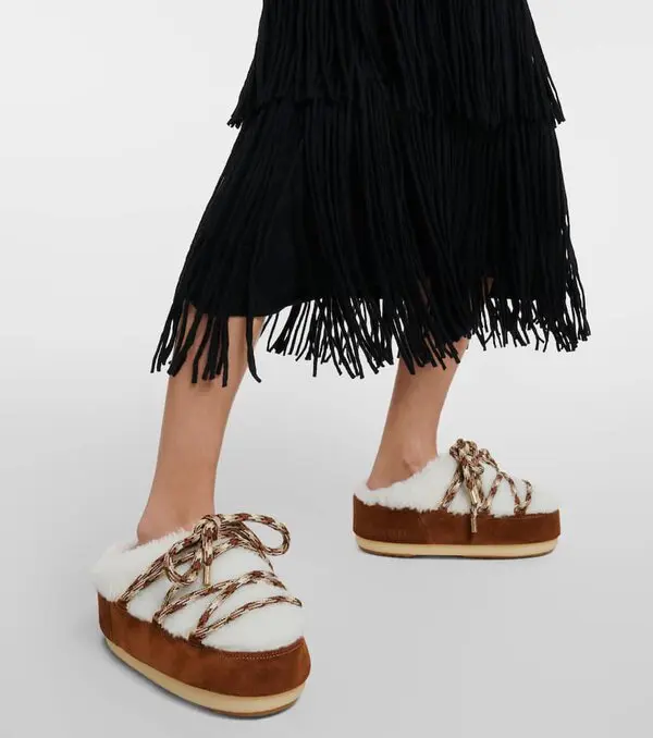 Moon Boot Suede-trimmed Shearling Mules - White