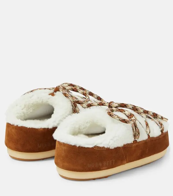 Moon Boot Suede-trimmed Shearling Mules - White