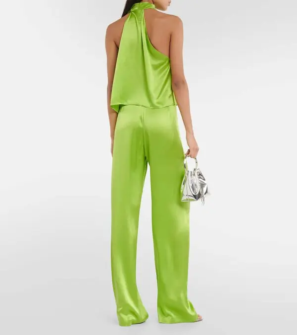 THE SEI Draped High-neck Silk Satin Top - Green