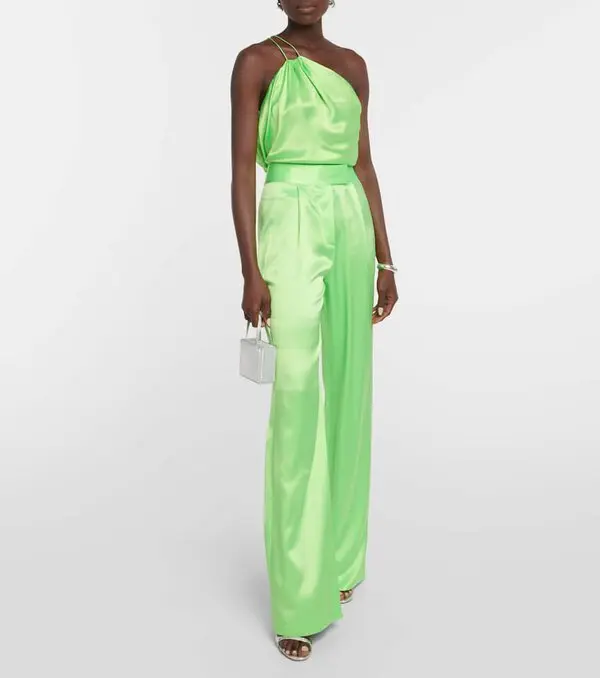 THE SEI High-rise Wide-leg Silk Satin Trousers - Green