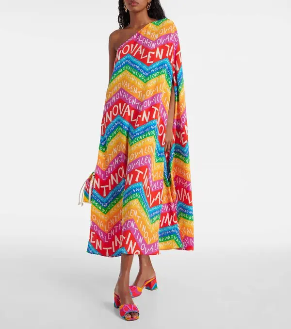 Valentino Garavani Logo One-shoulder Silk Midi Dress