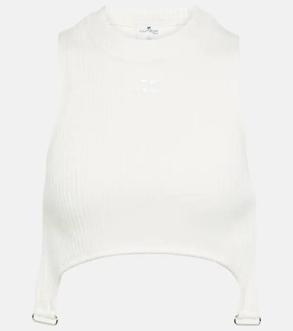 COURREGES Ribbed-knit Cropped Top With Suspenders - White