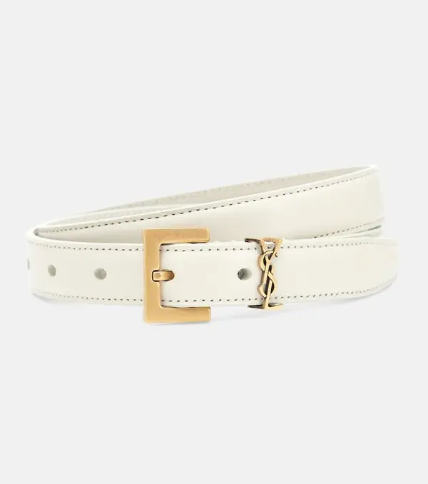 Saint Laurent Cassandre Slim Leather Belt - White