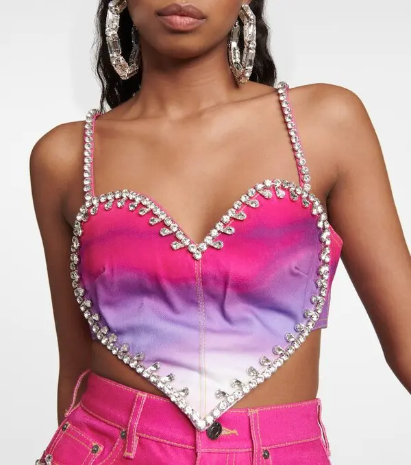 AREA Cropped Embellished Ombre Denim Top