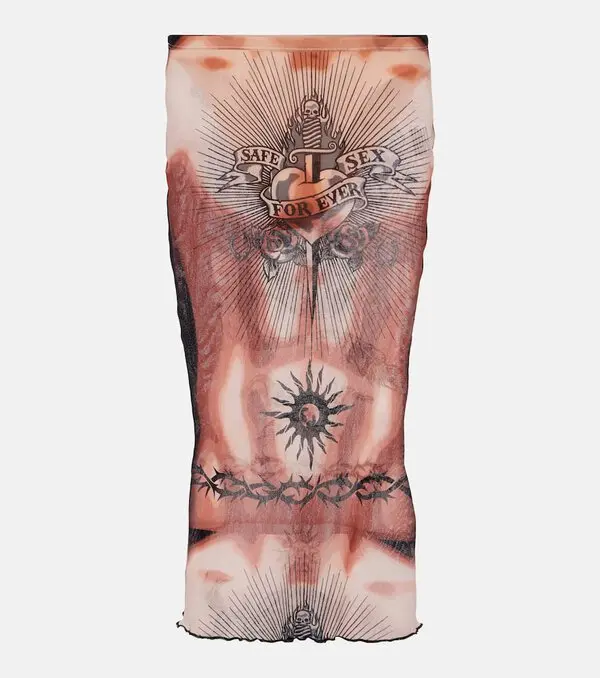 JEAN PAUL GAULTIER Tattoo Collection Mesh Midi Skirt - Brown