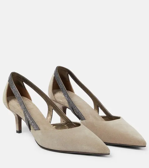 Brunello Cucinelli Embellished Suede Slingback Pumps - Beige