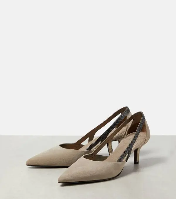 Brunello Cucinelli Embellished Suede Slingback Pumps
