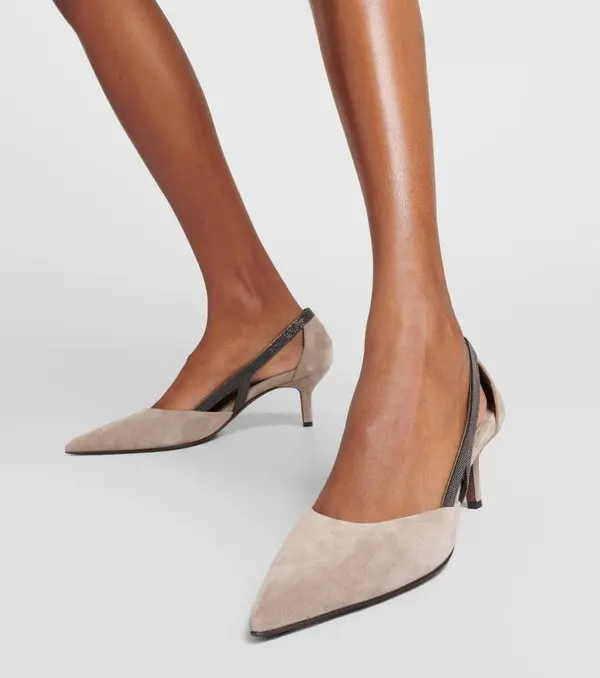 Brunello Cucinelli Embellished Suede Slingback Pumps
