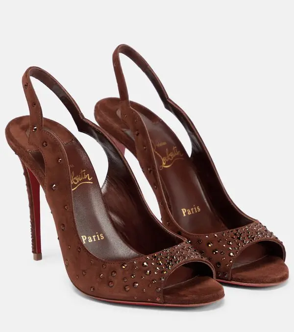 CHRISTIAN LOUBOUTIN Suede Embellished Slingback Sandals - Brown