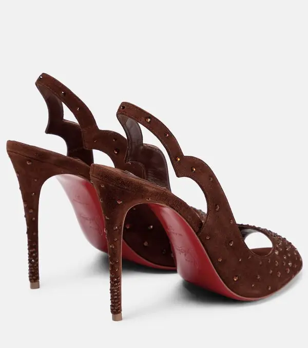 CHRISTIAN LOUBOUTIN Suede Embellished Slingback Sandals - Brown