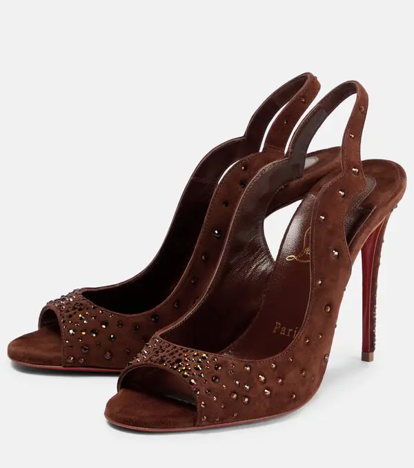 CHRISTIAN LOUBOUTIN Suede Embellished Slingback Sandals - Brown