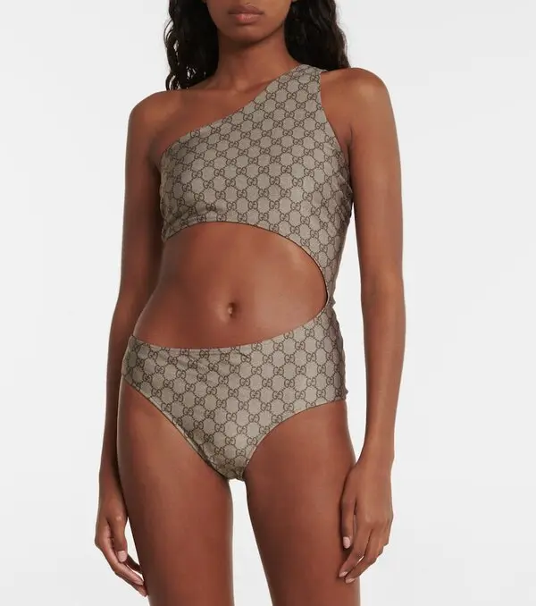 Gucci Gg Monogram Cut Out One-shoulder Swimsuit