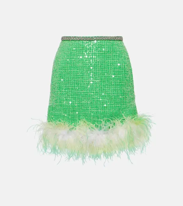 SELF-PORTRAIT Feather-trimmed Sequined Boucle Mini Skirt