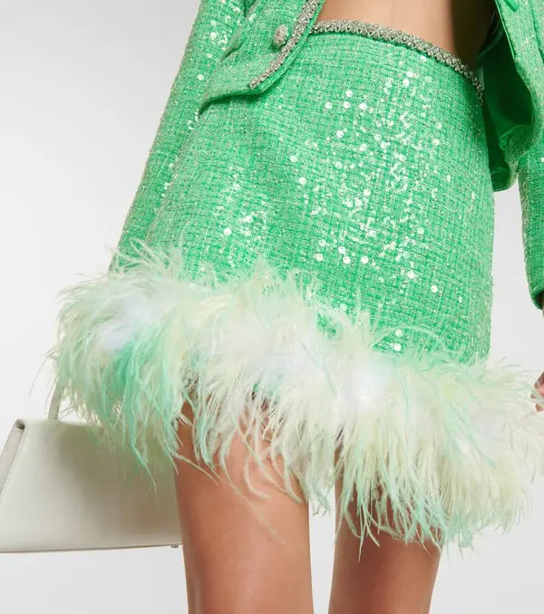 SELF-PORTRAIT Feather-trimmed Sequined Boucle Mini Skirt