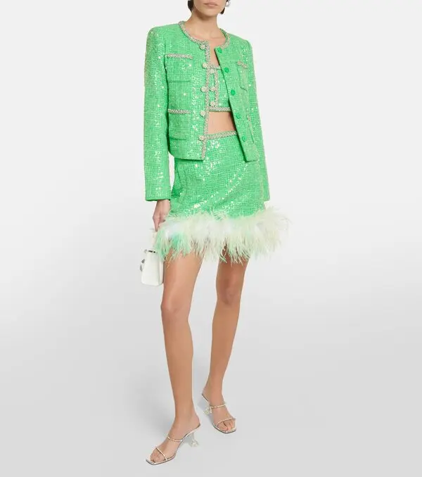 SELF-PORTRAIT Feather-trimmed Sequined Boucle Mini Skirt