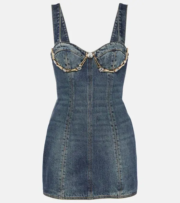 AREA Claw Embellished Denim Mini Dress