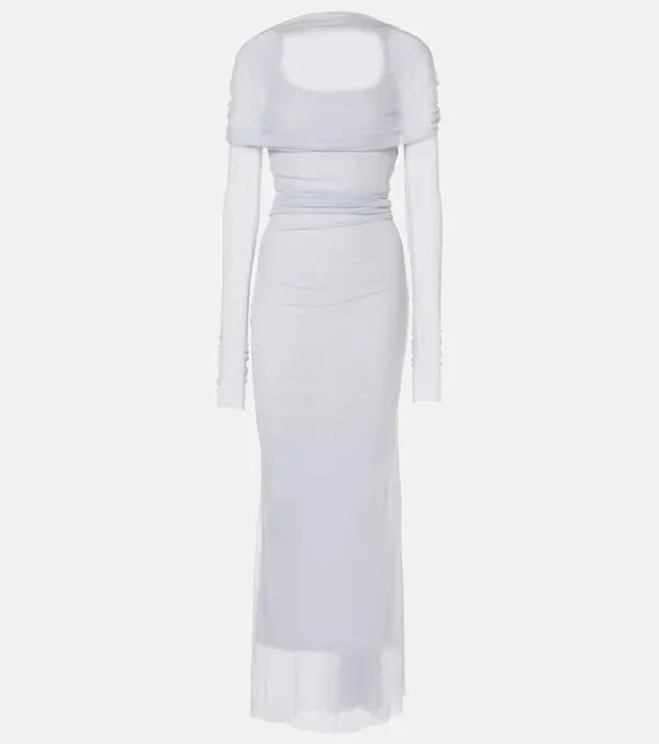 Christopher Esber Veiled Off-shoulder Tulle Maxi Dress