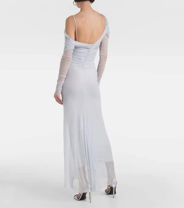 Christopher Esber Veiled Off-shoulder Tulle Maxi Dress