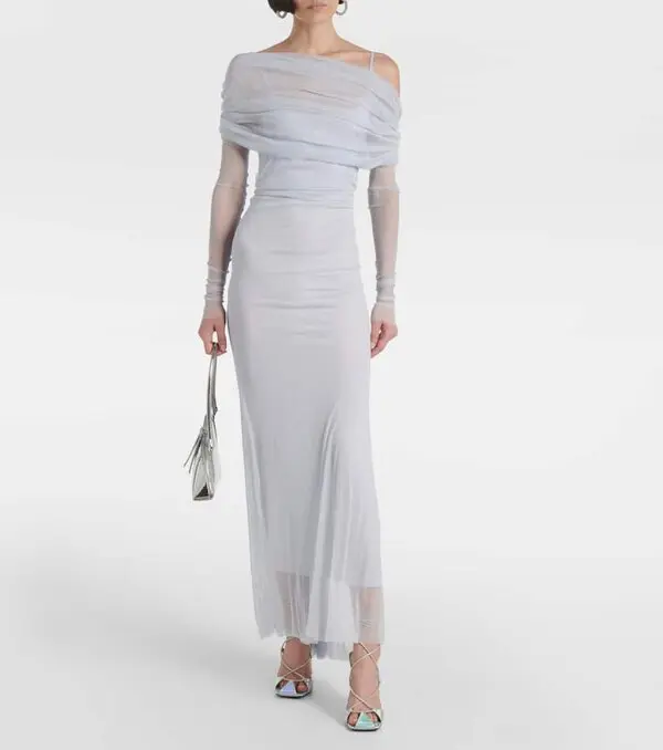 Christopher Esber Veiled Off-shoulder Tulle Maxi Dress