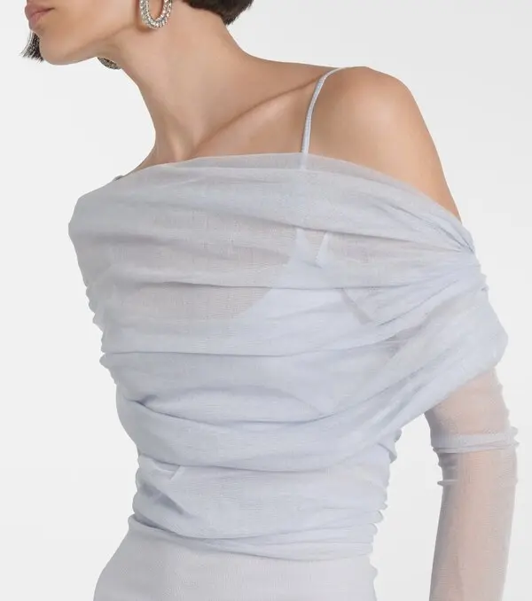 Christopher Esber Veiled Off-shoulder Tulle Maxi Dress