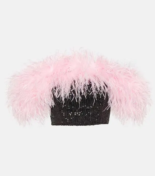 SELF-PORTRAIT Feather-trimmed Sequined Crop Top - Multicoloured