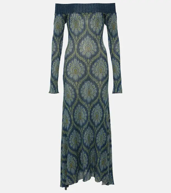 Etro Printed Off-shoulder Midi Dress - Blue