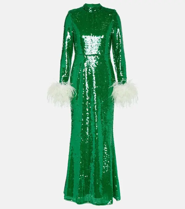 SELF-PORTRAIT Sequined Gown With Feather Trim