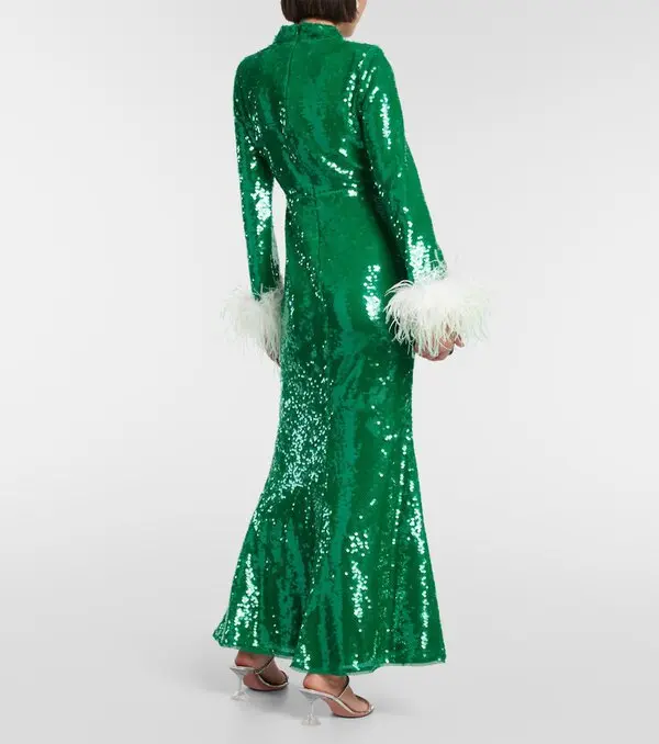 SELF-PORTRAIT Sequined Gown With Feather Trim