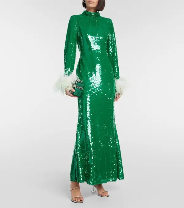 SELF-PORTRAIT Sequined Gown With Feather Trim