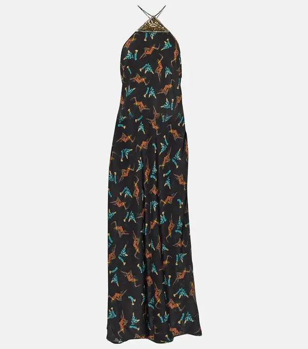 Rixo Printed Halterneck Maxi Dress - Black
