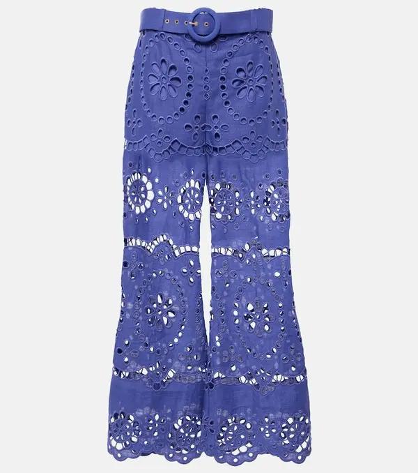 Zimmermann Pop Embroidered Linen Cropped Pants - Blue