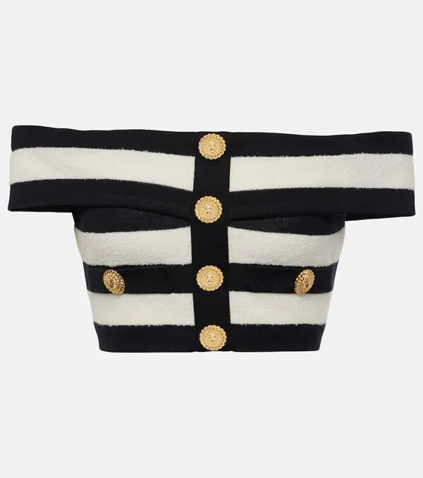Balmain Striped Off-shoulder Crop Top - White