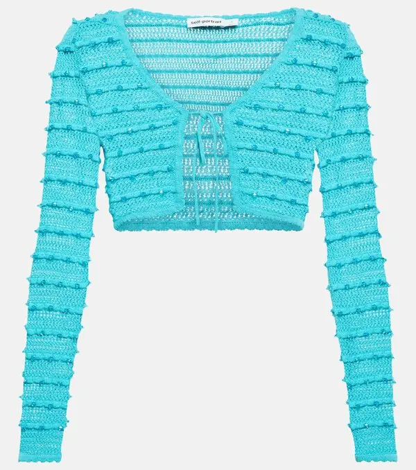 SELF-PORTRAIT Embellished Striped Knit Cardigan - Blue