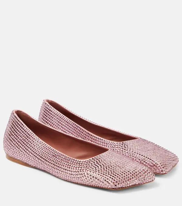 Amina Muaddi Embellished Satin Ballet Flats - Pink