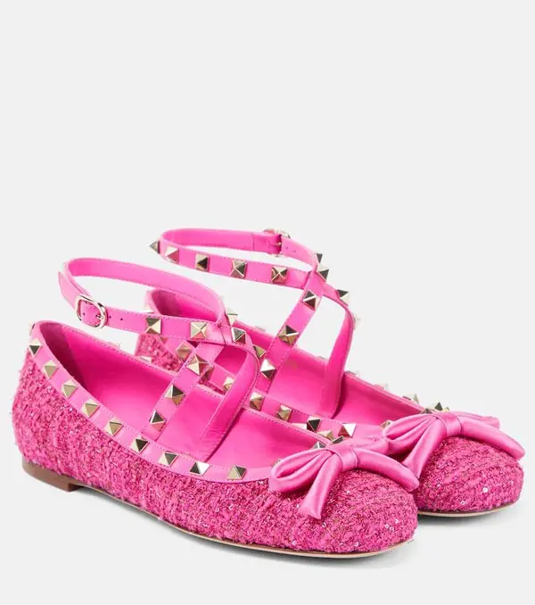 Valentino Garavani Rockstud Leather-trimmed Boucle Ballet Flats - Pink