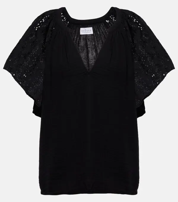 Velvet By Graham & Spencer Tish Embroidered Cotton Top - Black