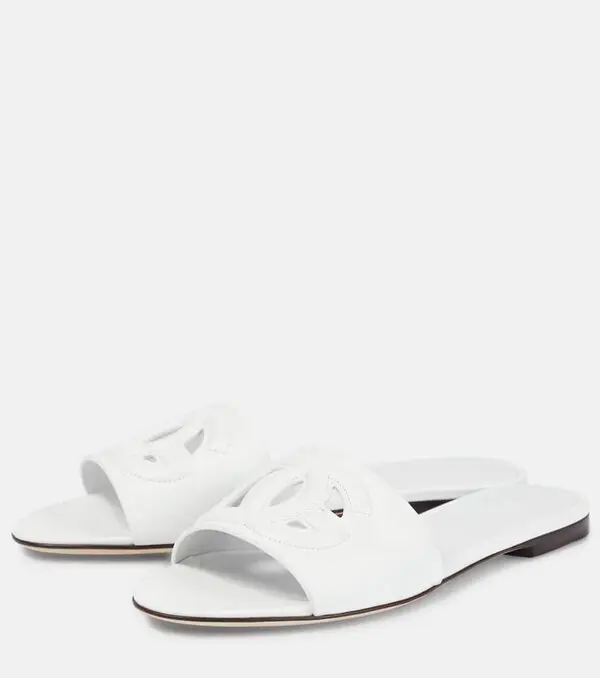 Dolce & Gabbana Logo Cutout Leather Slides - White