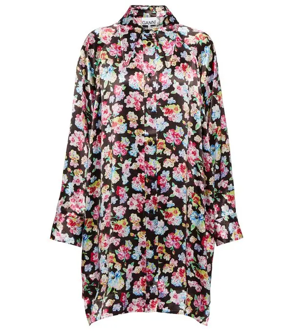 GANNI Floral Satin Shirt - Black