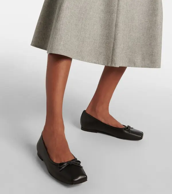 Brunello Cucinelli Monili Bow Detail Leather Ballet Flats