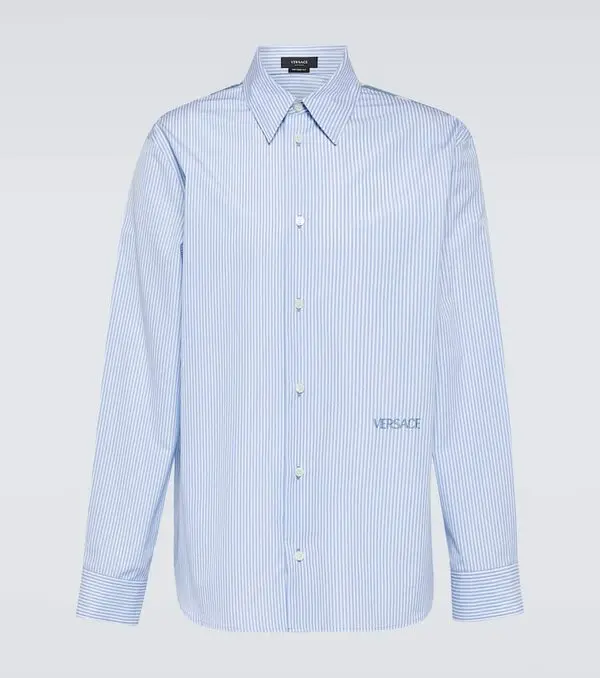 Versace Embroidered Pinstriped Cotton Shirt - Blue